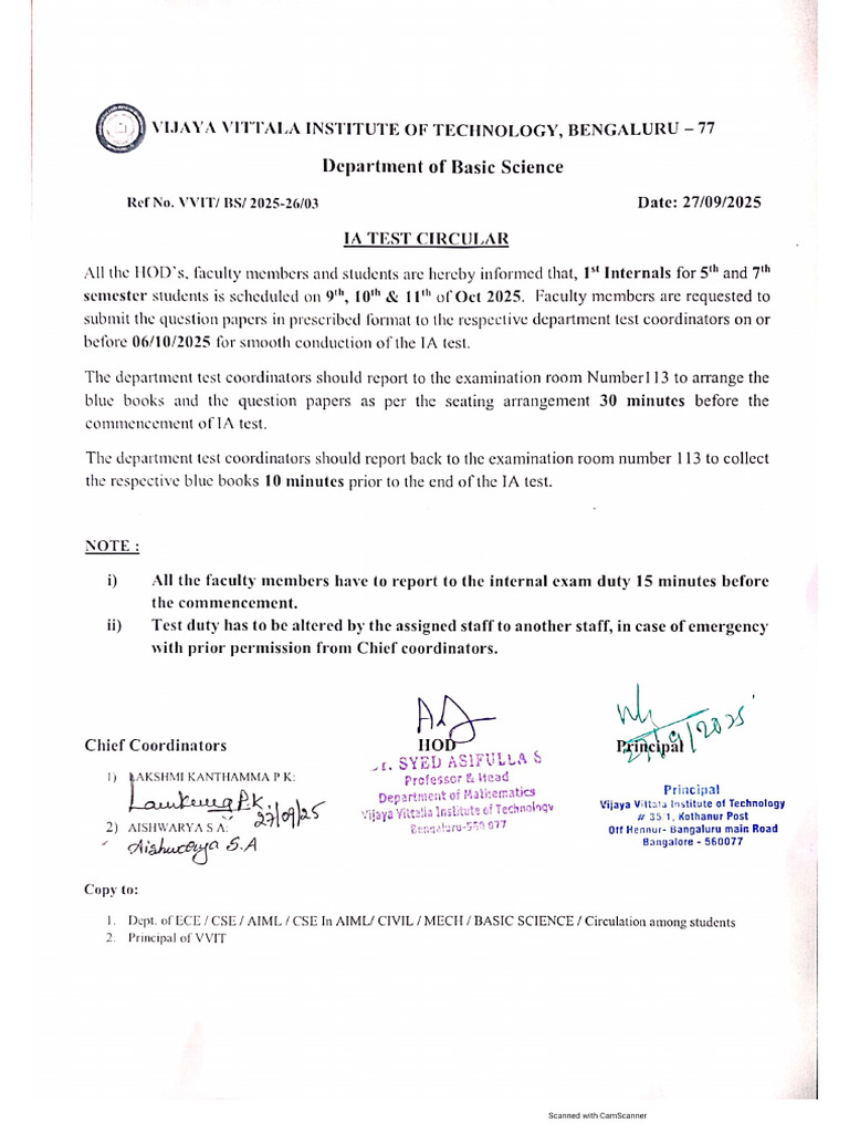 IA Test Circular For 5th and 7th Semester Students | PDF