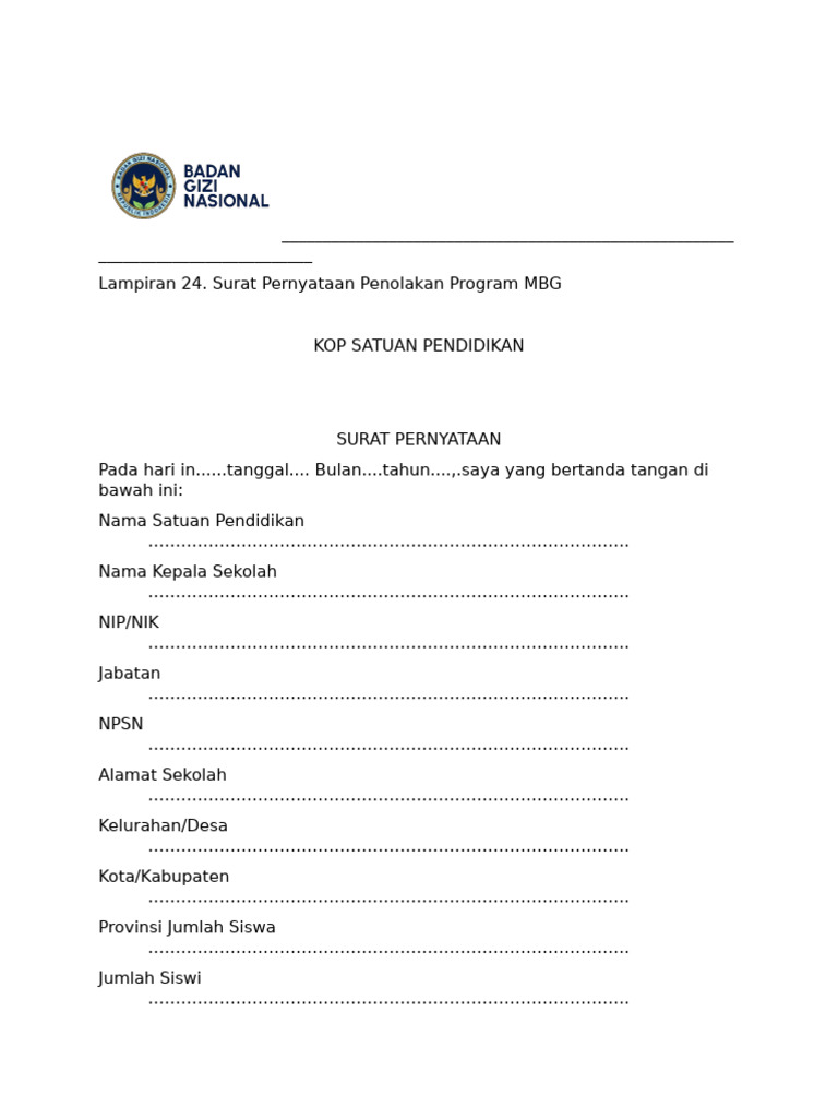 Surat Penolakan Program MBG Satuan Pendidikan | PDF