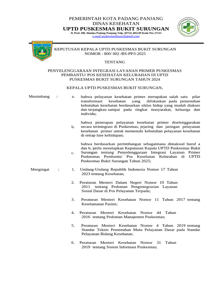 SK Penyelenggaraan Ilp Pustu Poskeskel 2024 | PDF