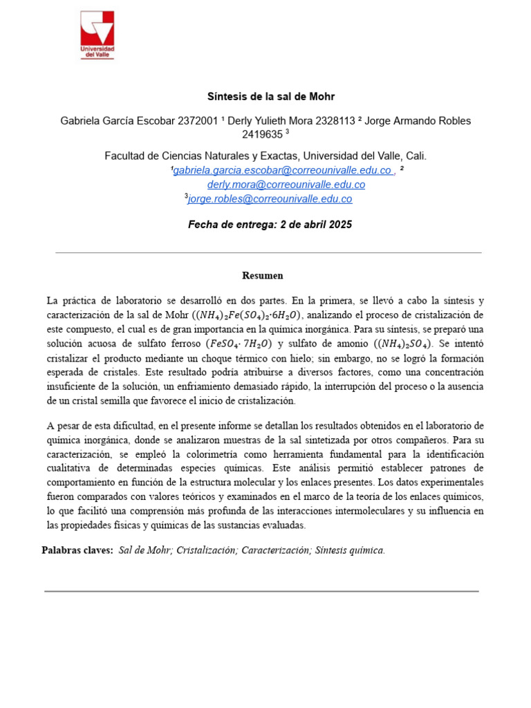 Informe 2 Sístesis de La Sal de Morh - García - Mora - Robles | PDF ...