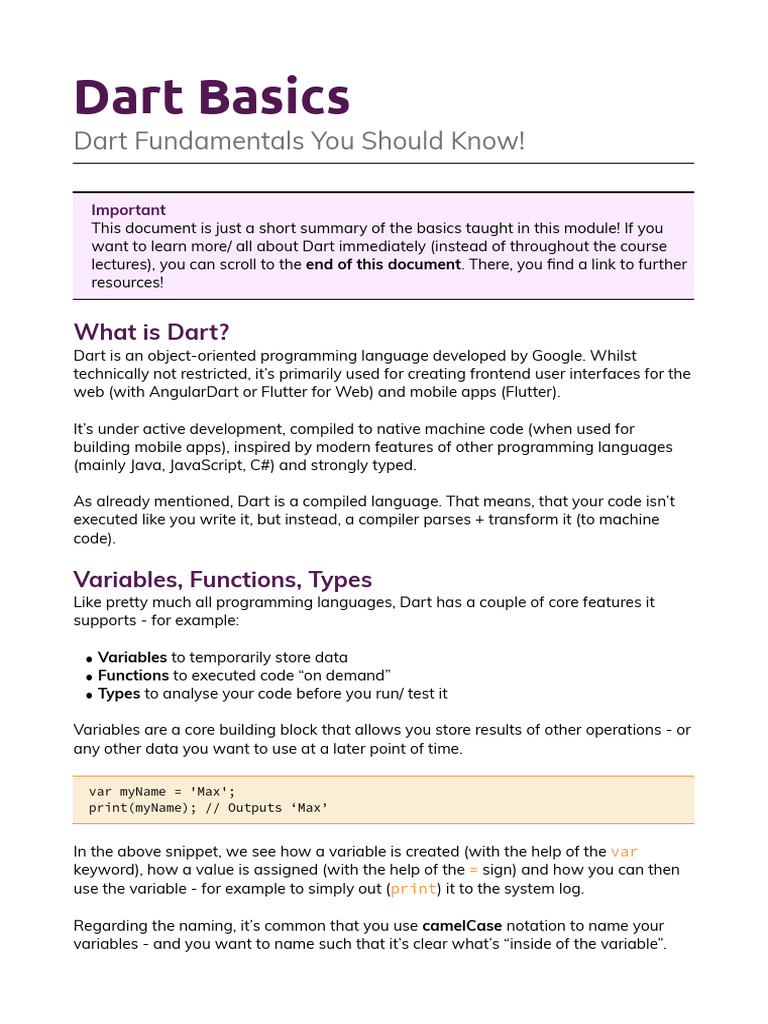 Dart Basics Summary | PDF | Parameter (Computer Programming) | Class (Computer Programming)