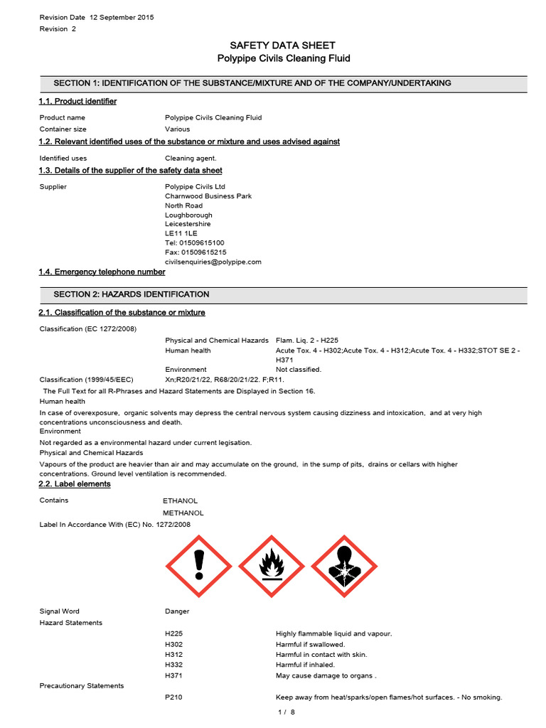 Cleaning Fluid Safety Datasheet | PDF | Occupational Safety And Health
