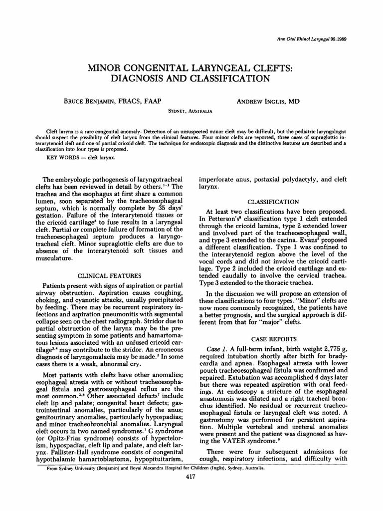 Minor Laryngeal Cleft Classification | PDF | Larynx | Esophagus