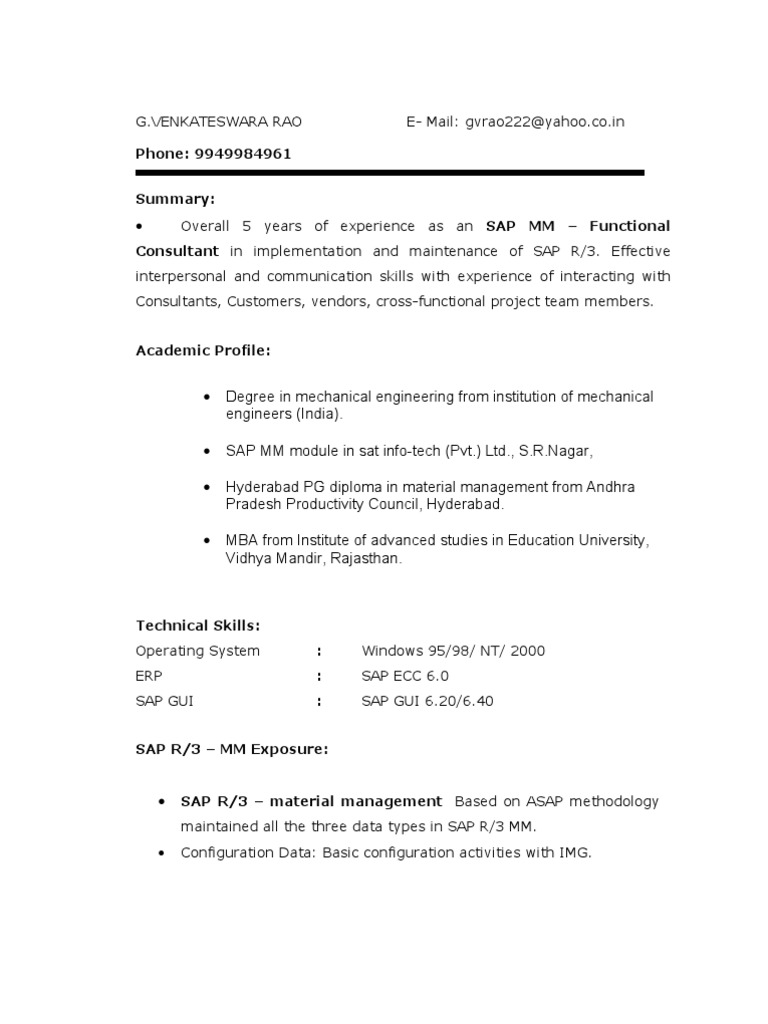 SAP MM Consultant Resume Overview | PDF | Inventory | Business