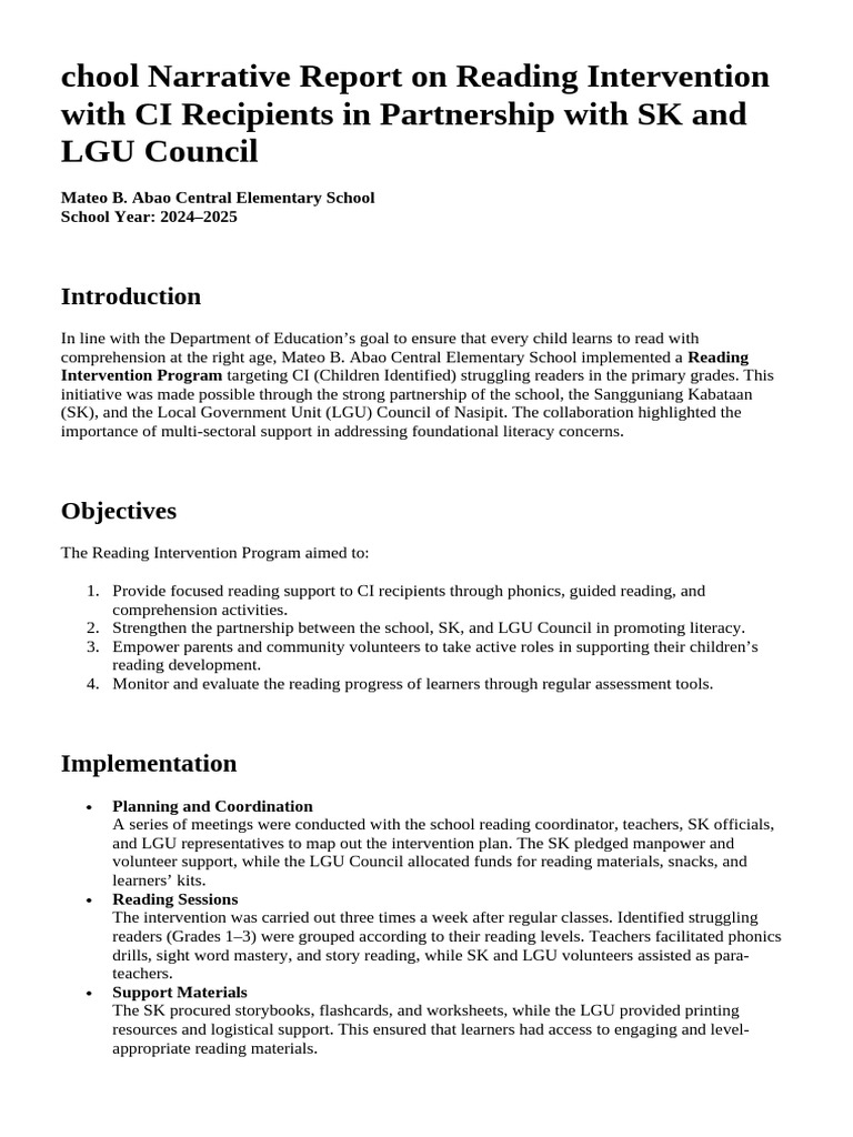 Narrative Report Ci Reading Session | PDF | Phonics | Literacy