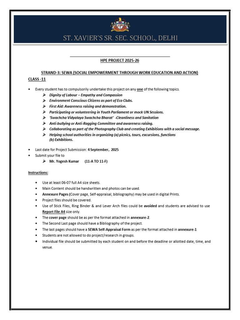 Class 11 SEWA Project Guidelines | PDF | Behavioural Sciences ...