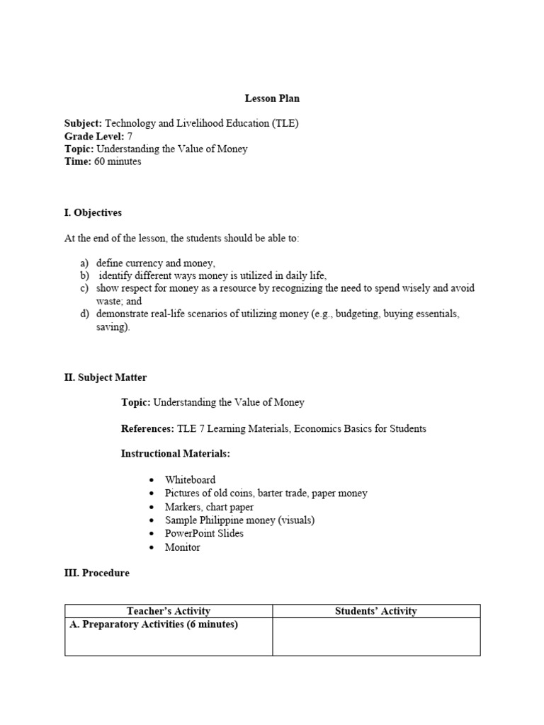 Detailed Lesson Plan - TLE 7 | PDF | Money | Exchange Rate