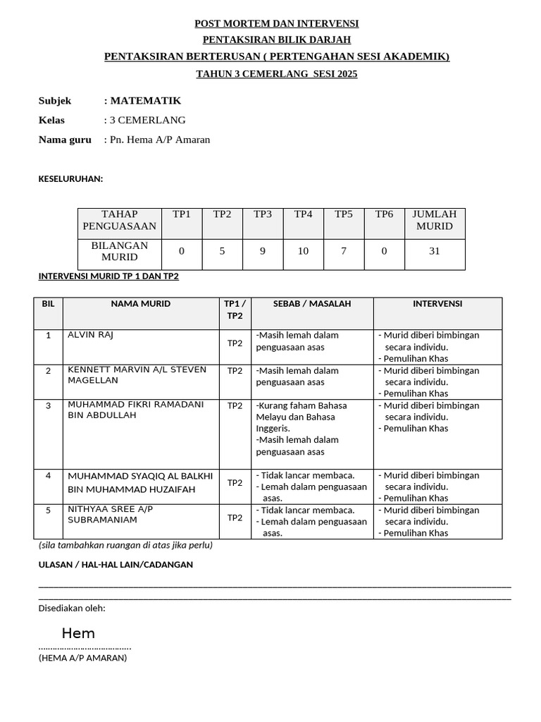 Postmortem PBD Matematik Pertengahan 3C | PDF