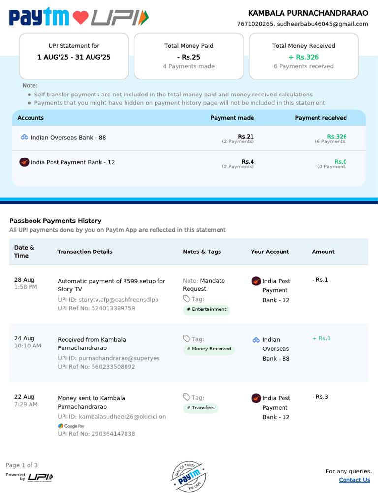 Paytm UPI Statement August 2025 | PDF | Banks | Financial Services