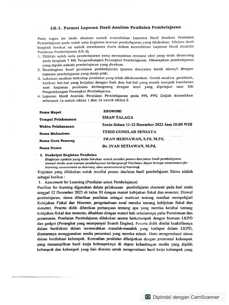 Tersi Gumilar Senjaya - LK-1 Format Laporan Hasil Analisis Penilaian Pembelajaran | PDF