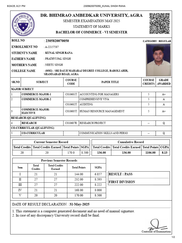 All Sem Results 1 6 Pages | PDF