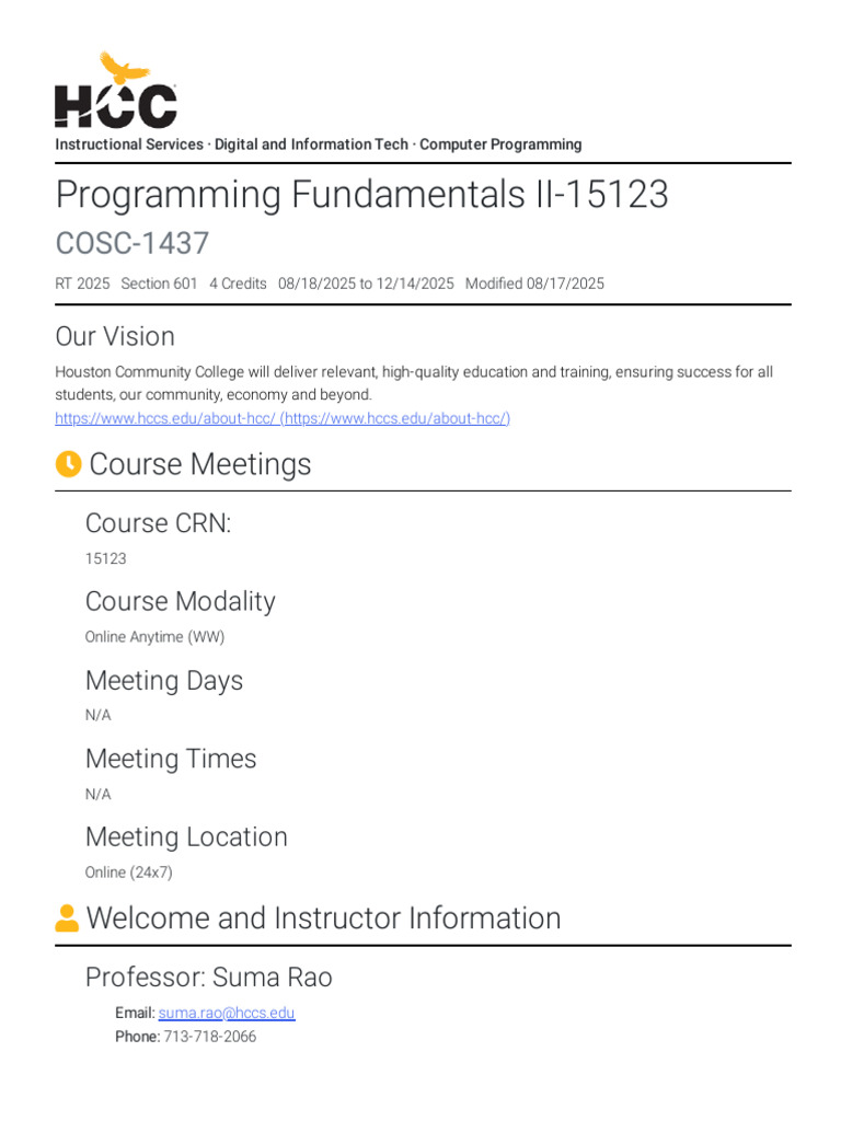 Programming Fundamentals II 15123 COSC 1437 RT 2025 | PDF | Computer Programming | Computer Program