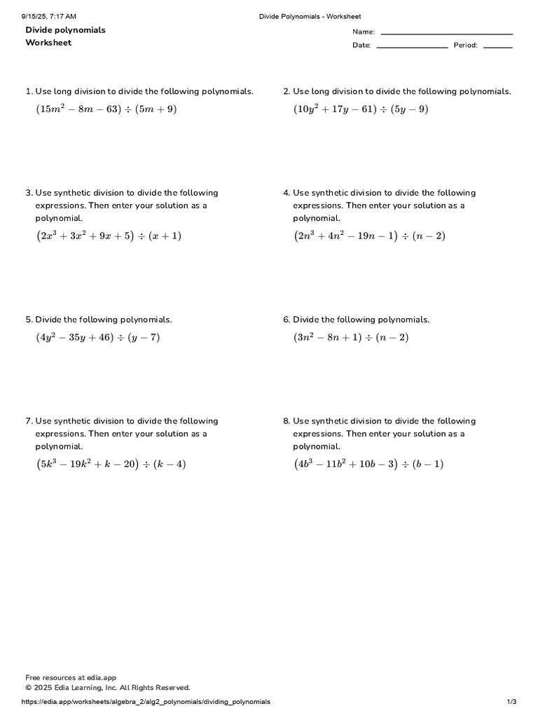 Divide Polynomials - Worksheet | PDF | Subtraction | Polynomial