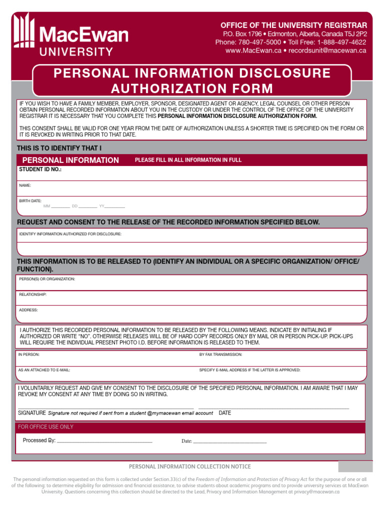 Personal Info Discl Authorization MacEwan | PDF