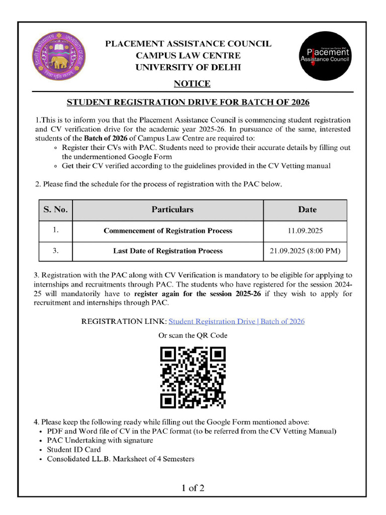 Registration Drive for Batch 2026 CVs | PDF