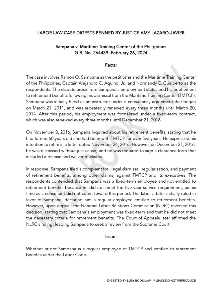 Labor Law Case Digests by Justice Lazaro-Javier - Busy Book Law | PDF ...