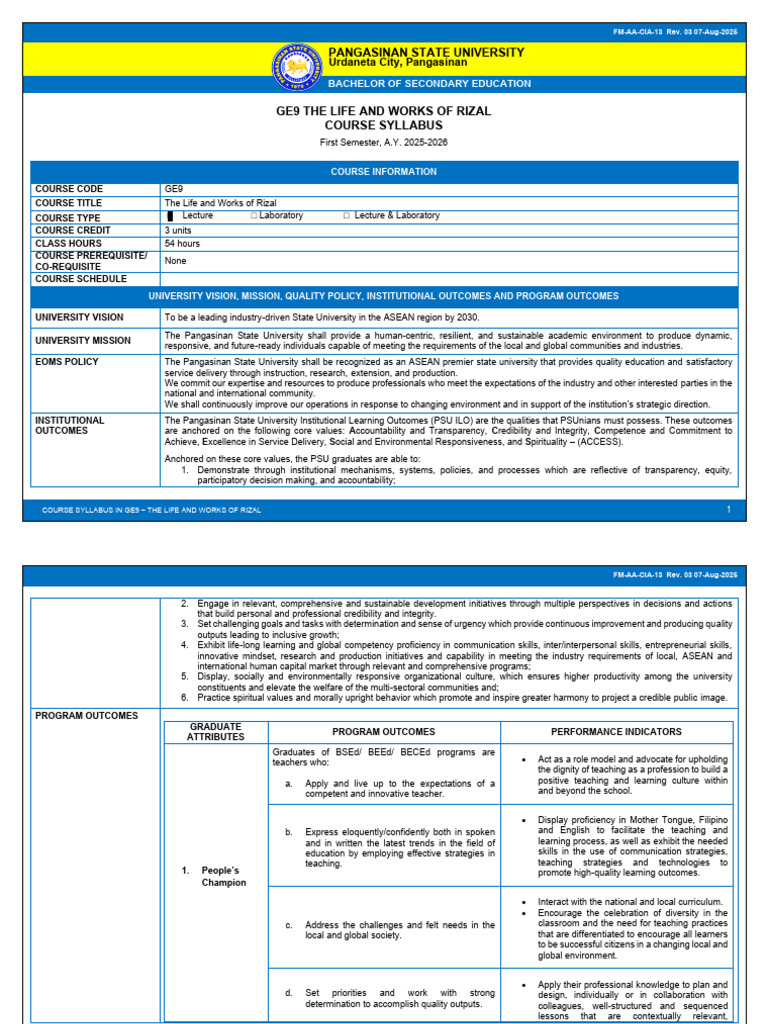 Ge 9 Syllabus | PDF | Learning | Cognition