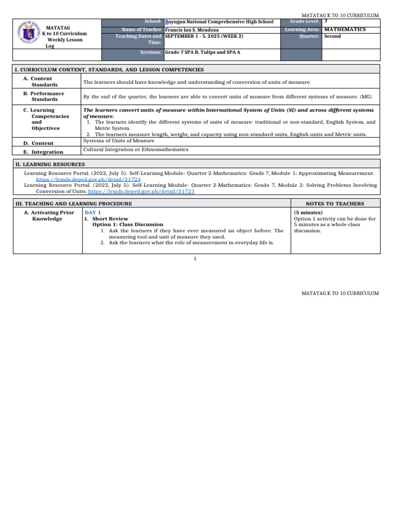 Grade 7 Math: Unit Conversion Lesson Plan | PDF | International System ...