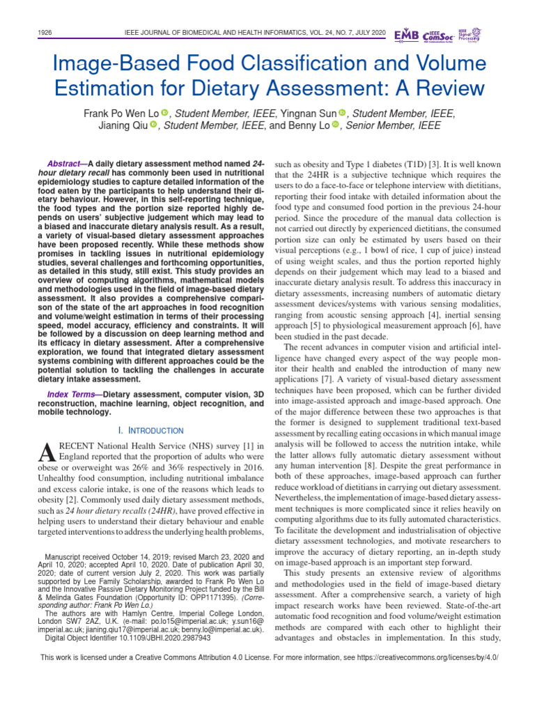Image-Based Food Classification and Volume Estimation For Dietary ...