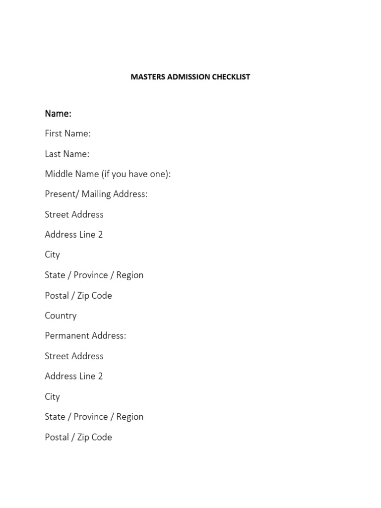 Masters Admission Checklist Template | PDF