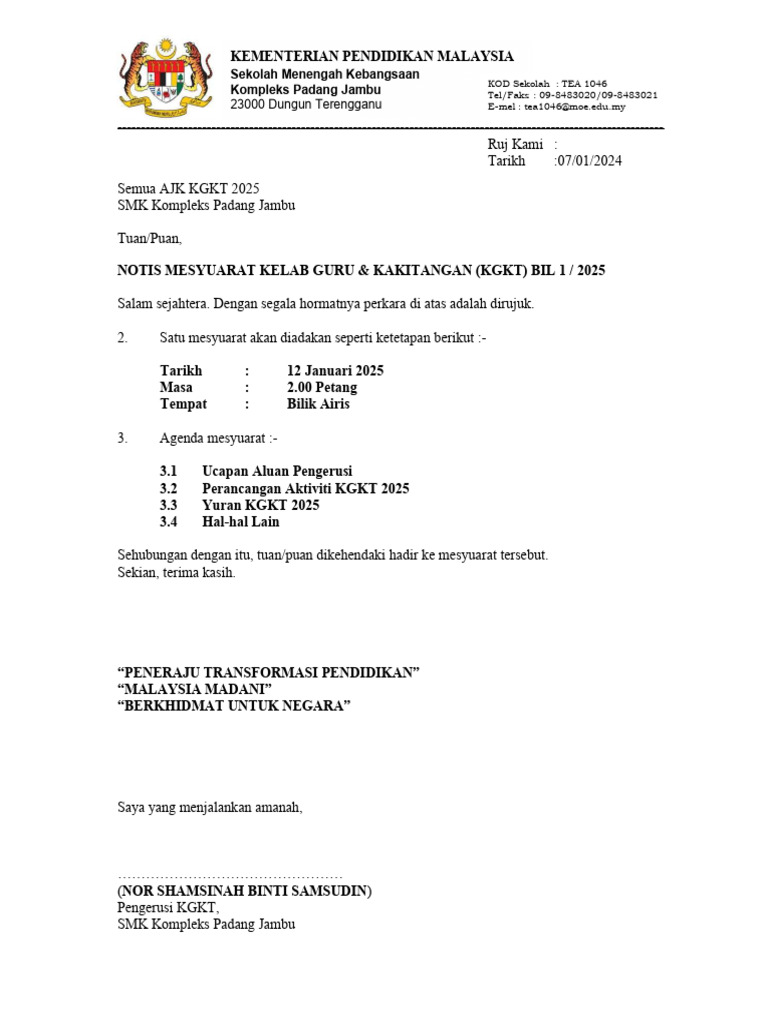 Surat Panggilan Mesyuarat KGKT 01-2025 | PDF