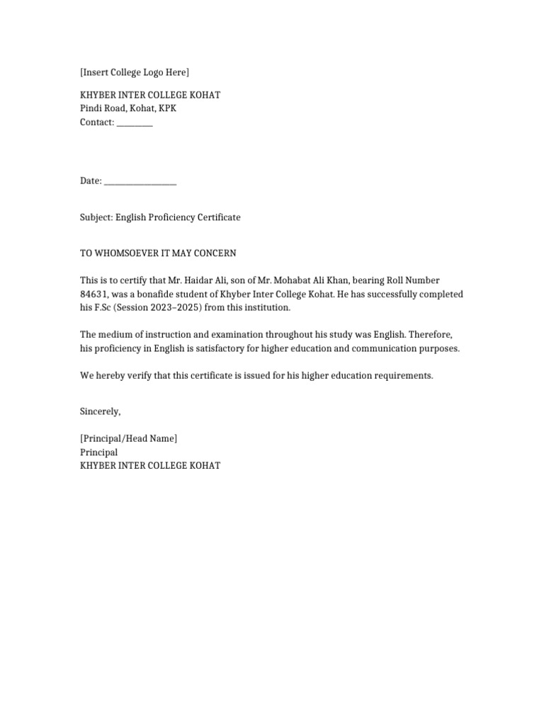 English Proficiency Certificate Haidar Ali | PDF