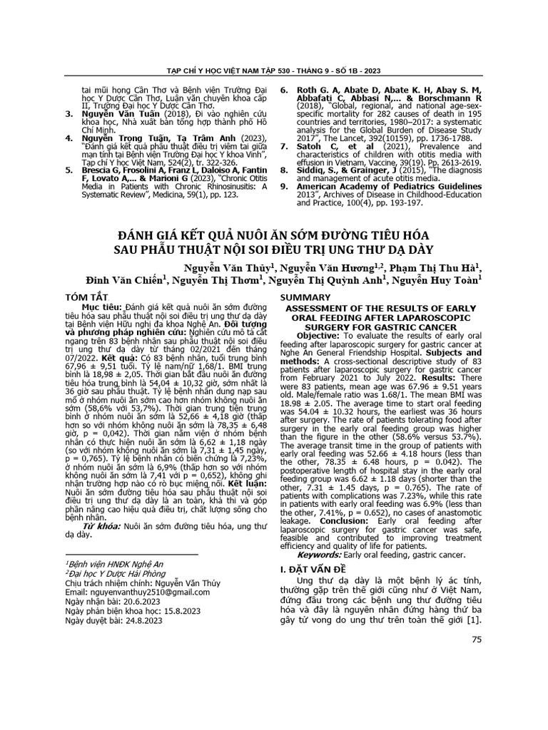 Danh Gia Ket Qua Nuoi An Som Duong Tieu Hoa Sau Phau Thuat Noi Soi Dieu Tri Ung Thu Da Day Thuy ...