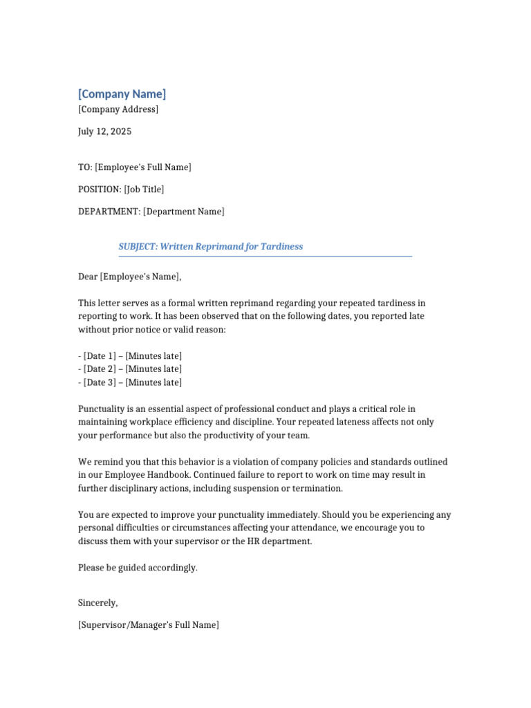 Written Reprimand for Tardiness | PDF