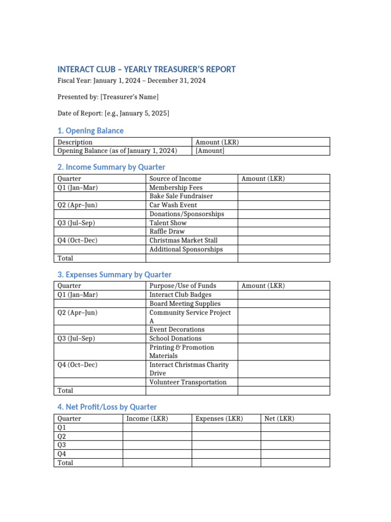 Editable Interact Club Treasurer Report | PDF