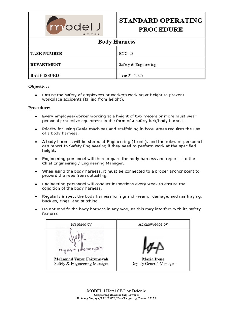 Body Harness Safety SOP for Workers | PDF