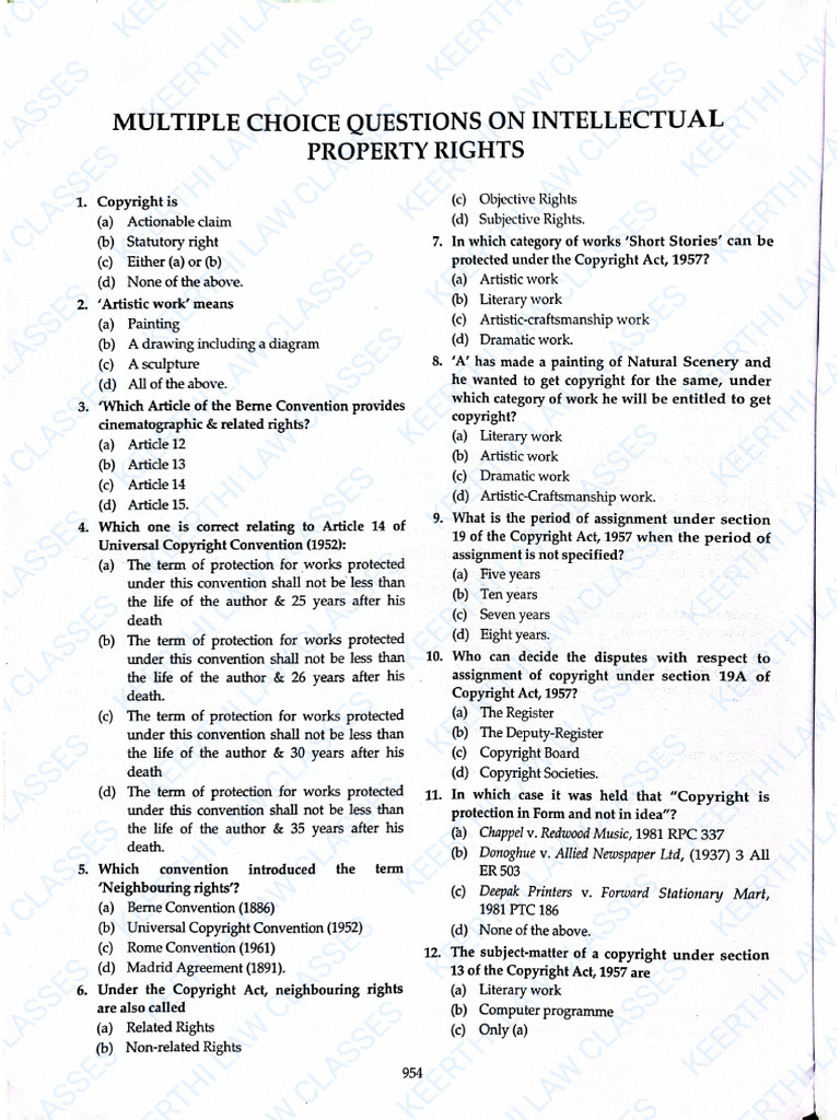 Intellectual Property Law Mcqs | PDF