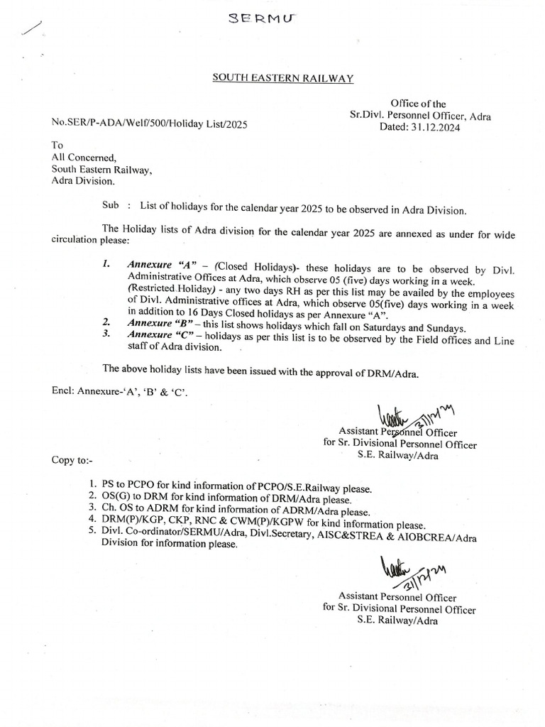 Holiday List of Adra Divn. | PDF