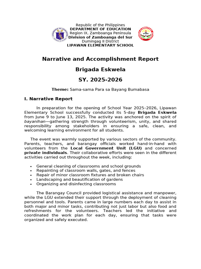 Narrative and Accomplishment Report Brigada Eskwela 2025 | PDF | Classroom