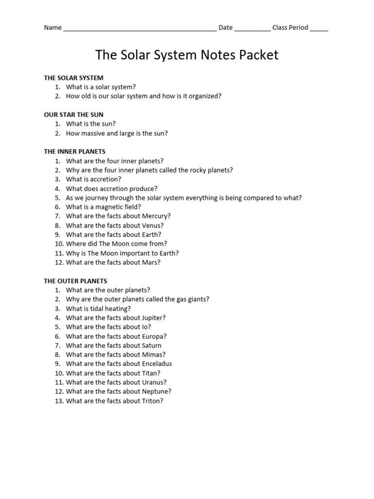 The Solar System Notes Packet | PDF | Planets | Solar System