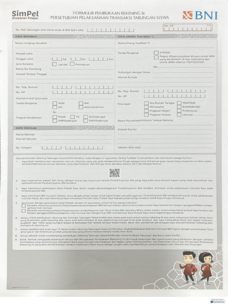 Formulir Pembukaan Rekening Beasiswa PIP Bank BNI | PDF