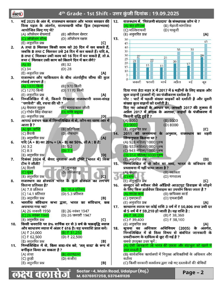 Rajasthan 4th Grade Answer Key 19 September 2025 1st Shift | PDF