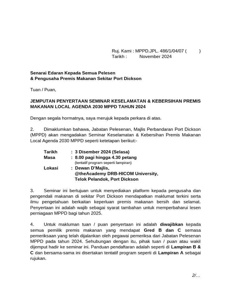 Surat Jemputan Seminar Bess La 2030 MPPD | PDF