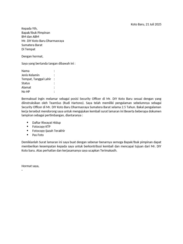 Lamaran Security Officer Mr. DIY Koto Baru | PDF