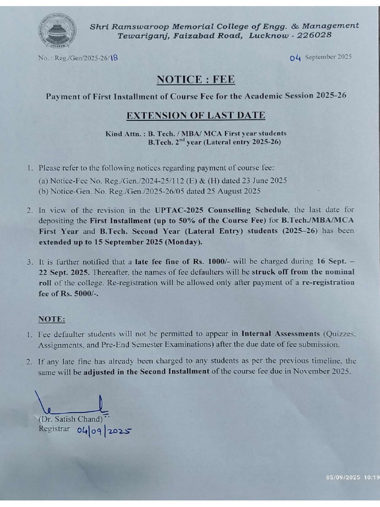 Payment of First Installment of Course Fee For The Academic Session ...