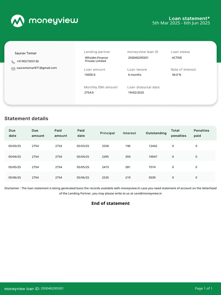 Loan Statement Summary for Saurav Tomar | PDF | Investment Banking ...