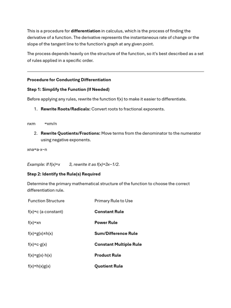 Calculus Differentiation Procedure Guide | PDF | Derivative | Function ...