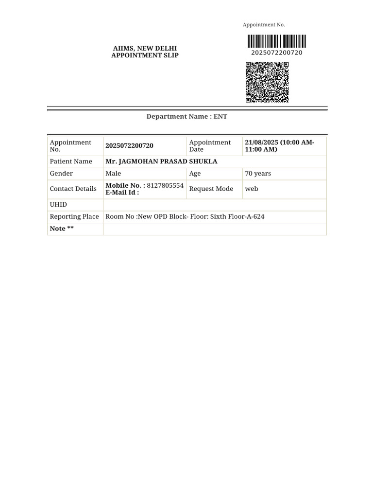 Aiims, New Delhi Appointment Slip | PDF