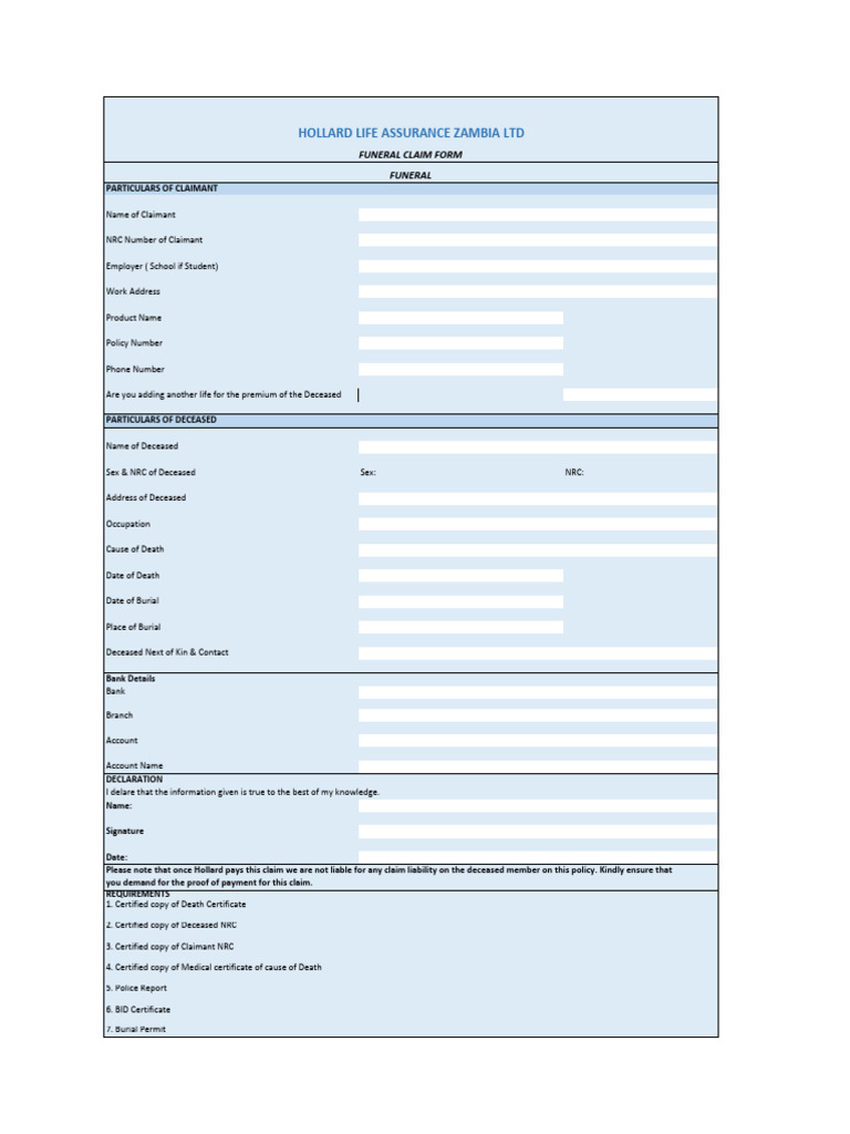 Hollard Funeral Claim Form Details | PDF
