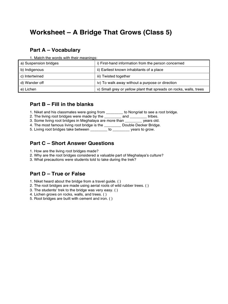 A Bridge That Grows Worksheet Class5 Updated PDF | PDF
