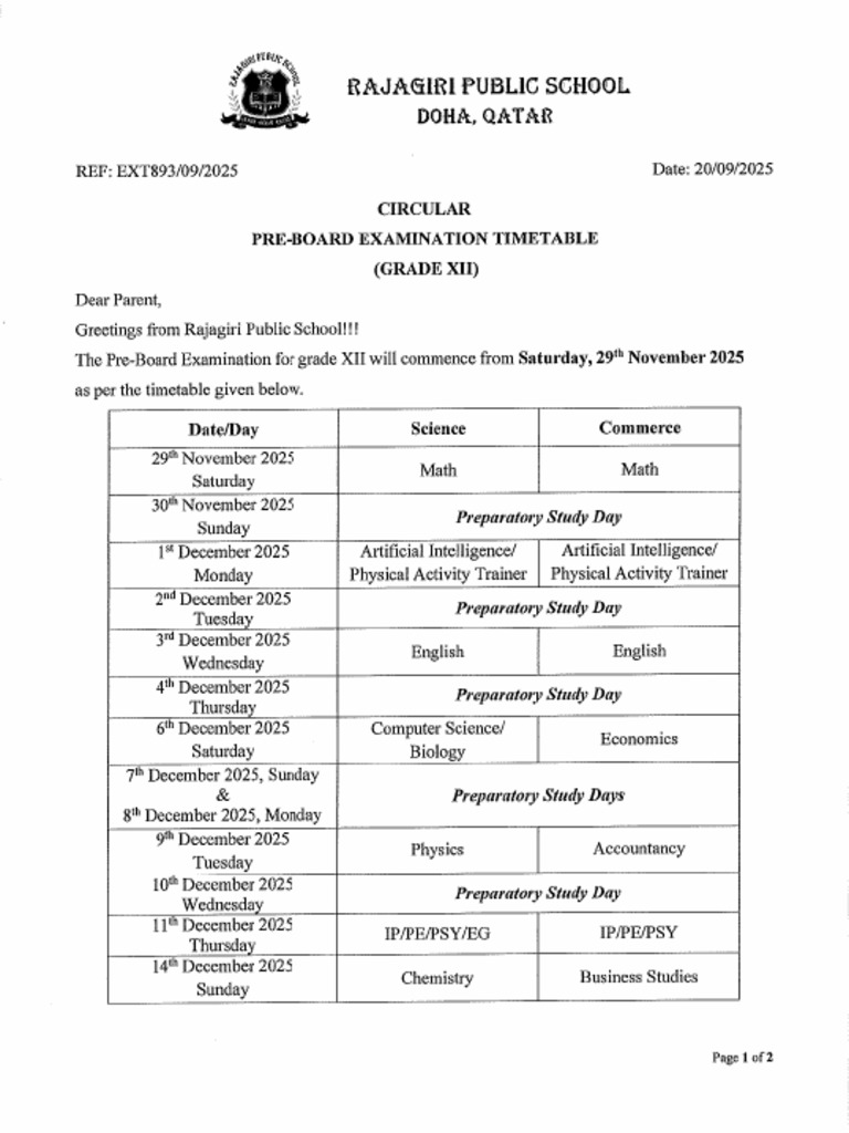 RPSQ W 893 - Pre-Board Examination Timetable - Grade XII | PDF