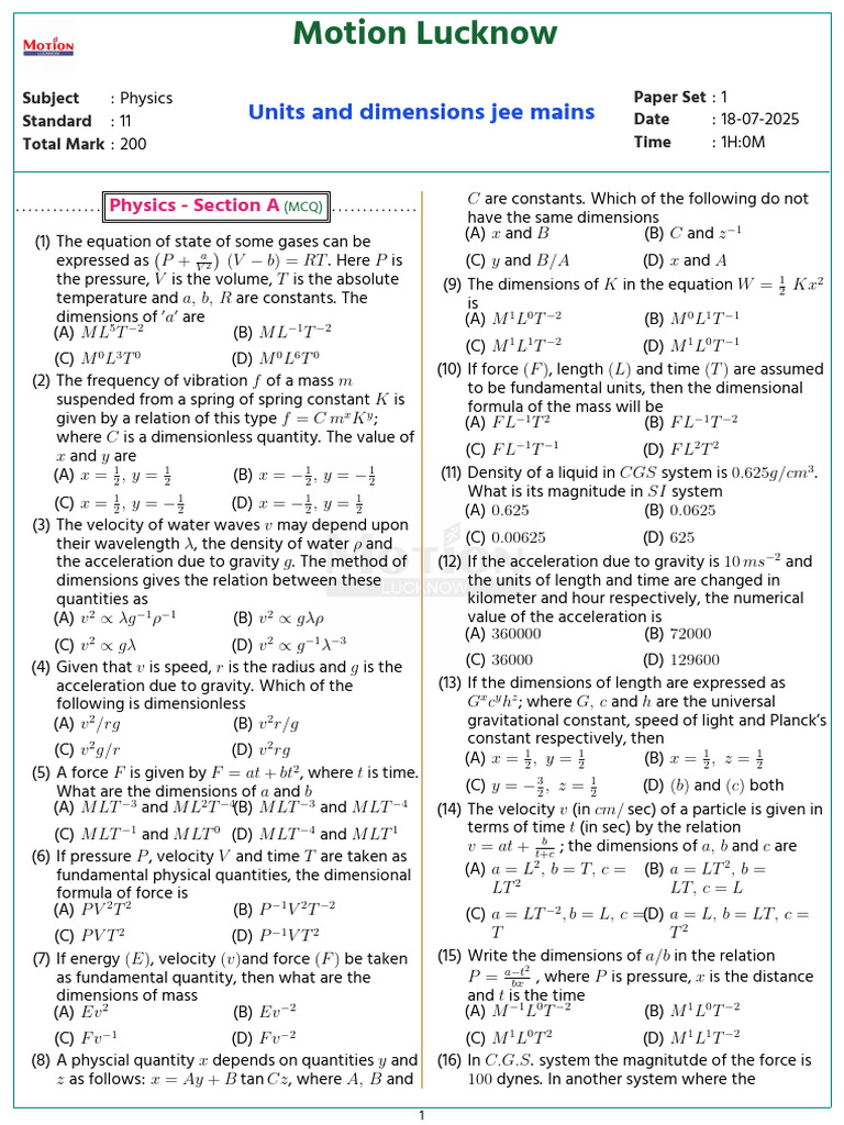 Units and Dimensions Jee Mains 1752596498 | PDF | Acceleration | Force