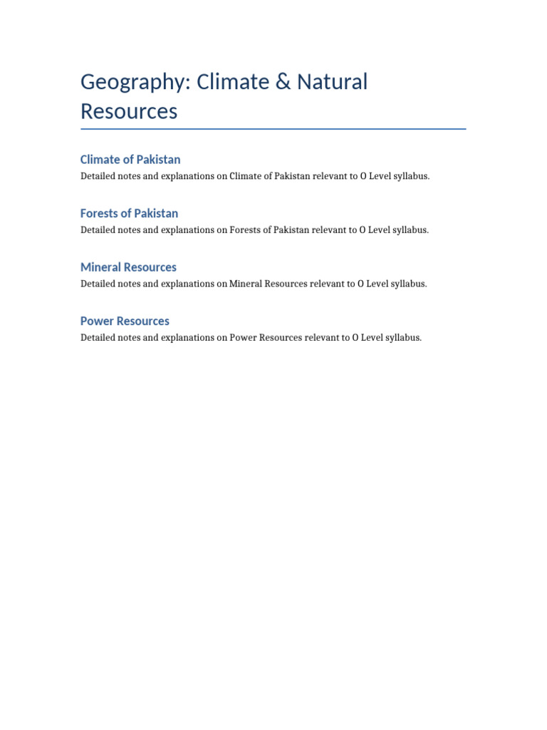 O Level Geography: Pakistan's Climate & Resources | PDF
