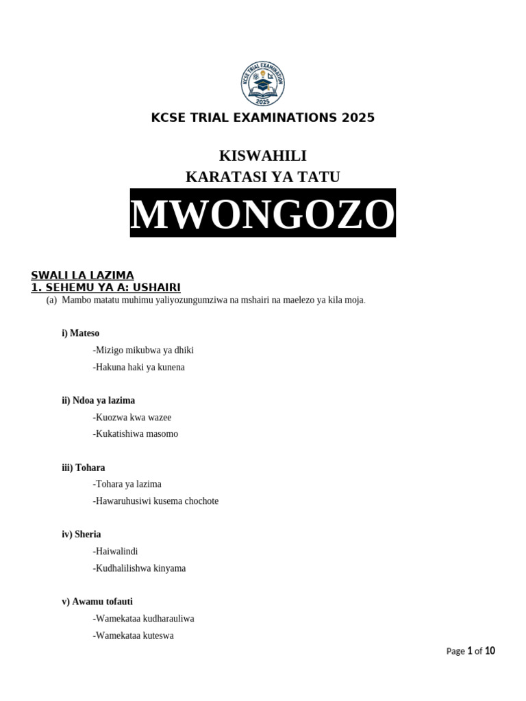 Kiswahili - Paper 3 - Marking Scheme | PDF