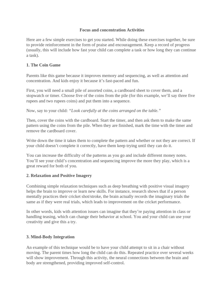 Focus and Concentration Activities | PDF | Memory | Attention