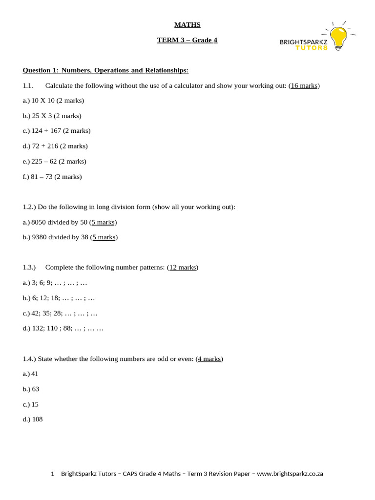 Grade 4 Maths Term 3 Revision Paper | PDF | Area | Mathematics